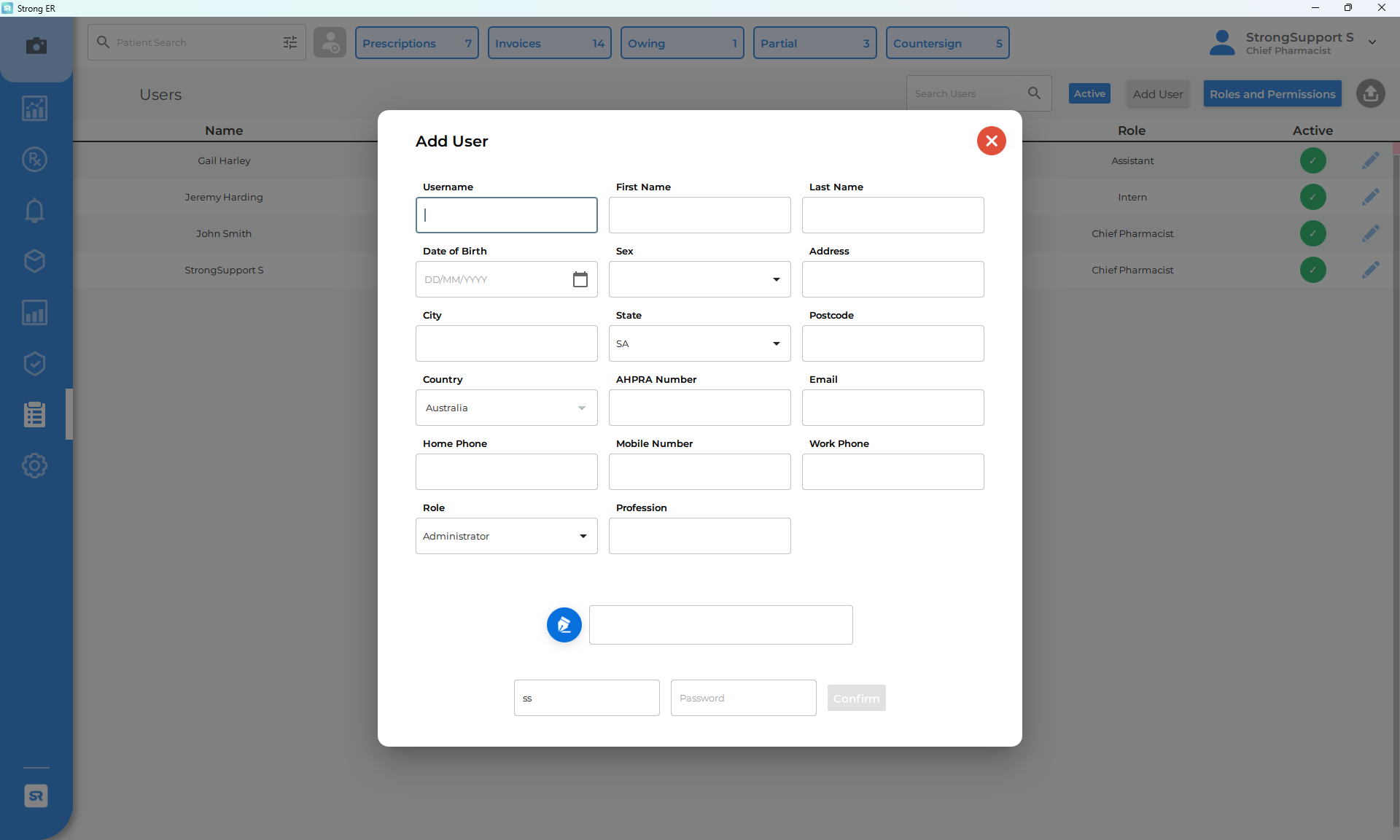 How do I add or manage users, roles and/or permissions in StrongER?