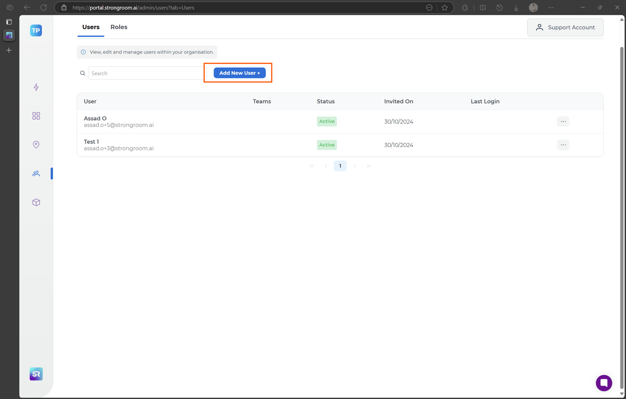 How do I create a new user in the StrongRoom AI Portal?