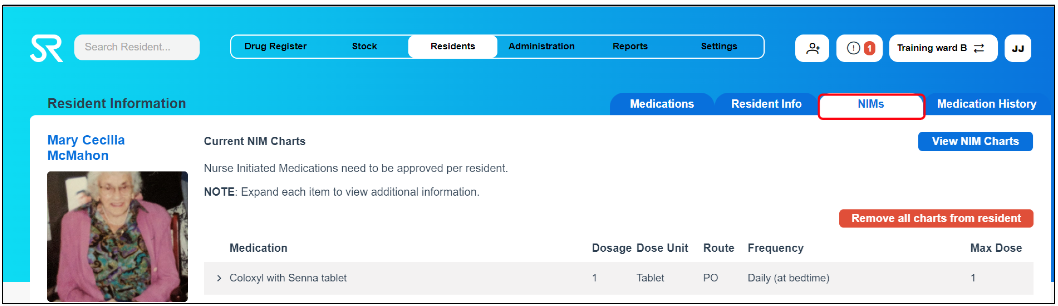 The NIM (Nurse Initiated Medications) page layout